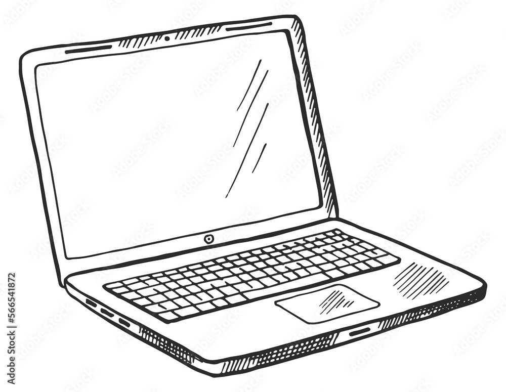 Laptop sketch. Open computer with blank screen in hand drawn style ...