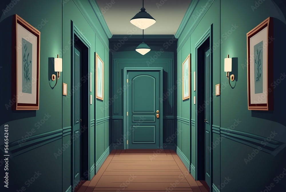 cartoon illustration, the interior of the corridor of the house with ...