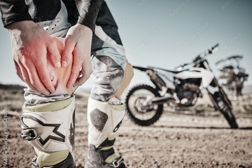 Knee pain, sports injury and hands with motorbike for race competition ...