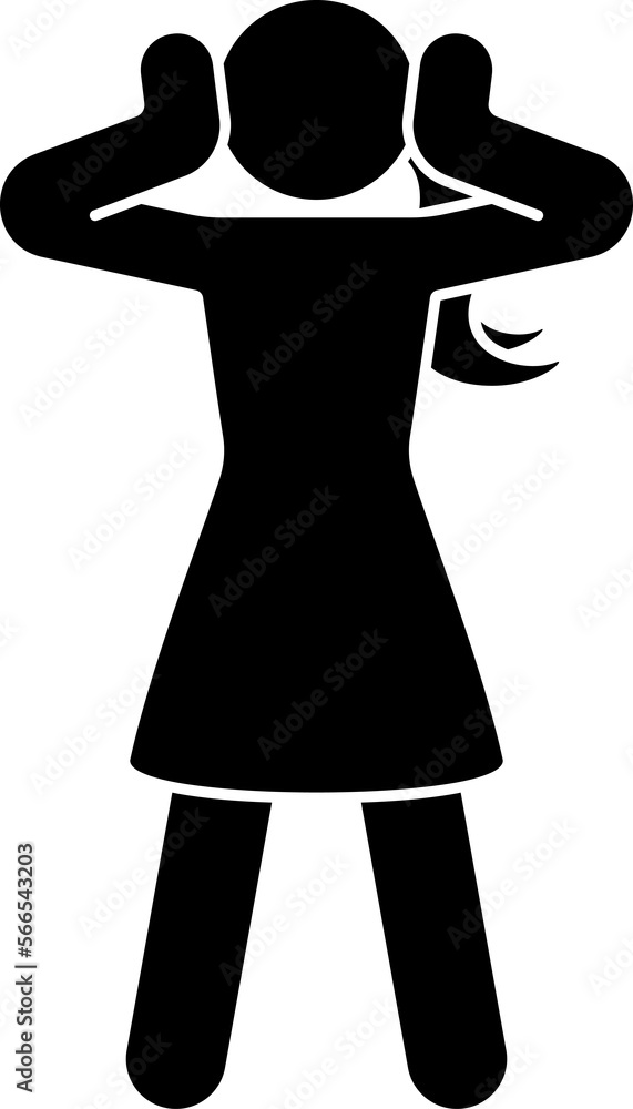 Three wise monkey stick figure woman hear no evil icon. Black and white ...