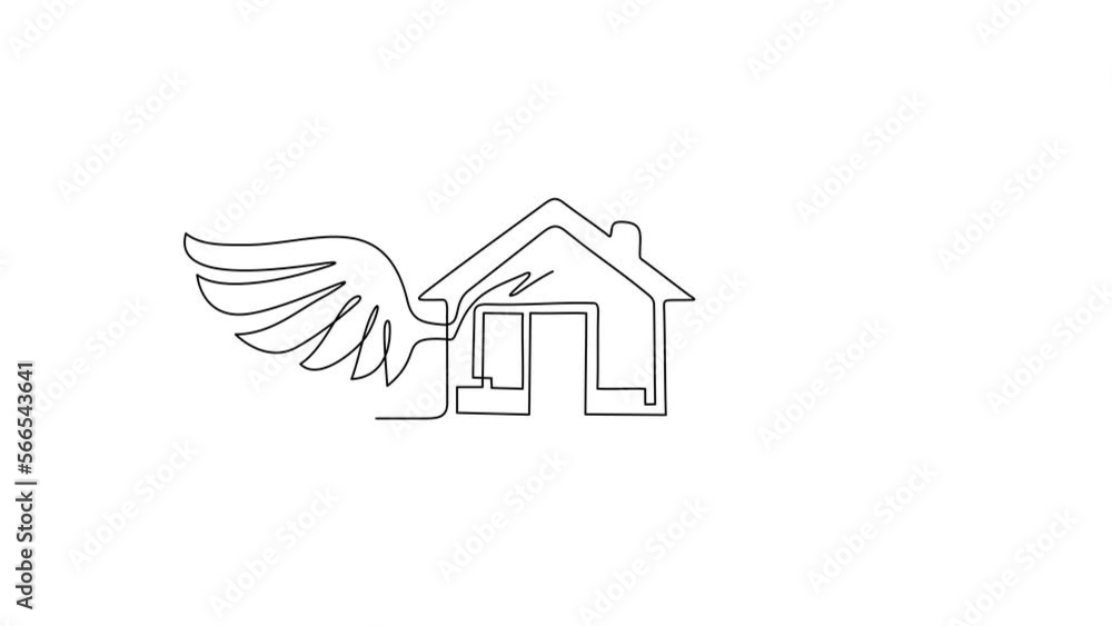 Animated self drawing of continuous line draw flying house logo with ...
