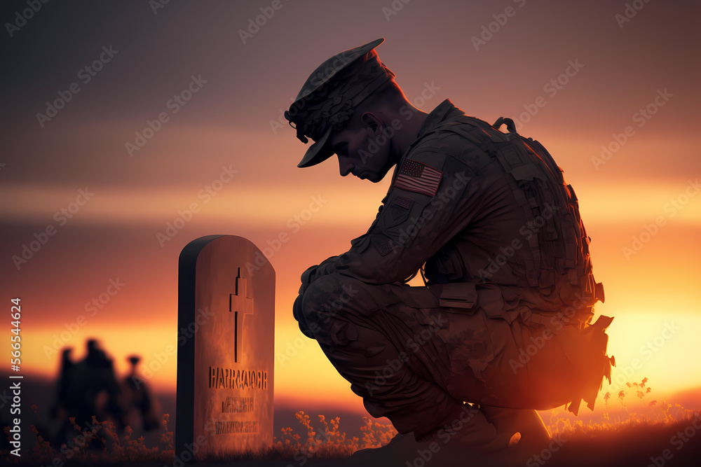 Military man kneeling of grave fallen soldier, sunset. Concept veteran ...