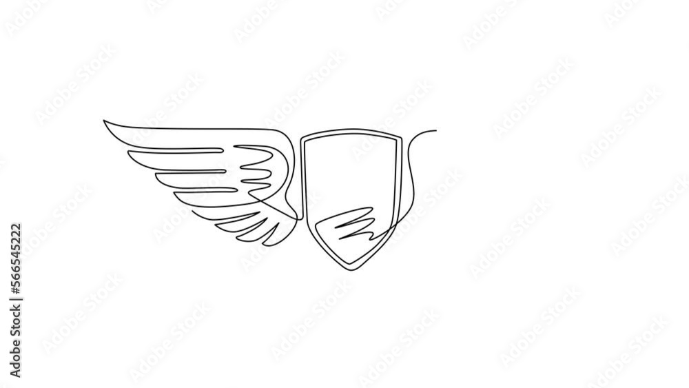 Self drawing animation of single one line draw winged shield logo ...