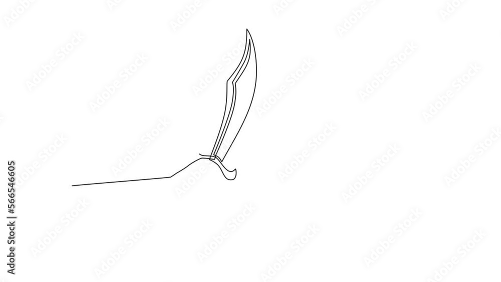 Animated self drawing of continuous line draw man hand hold machete ...