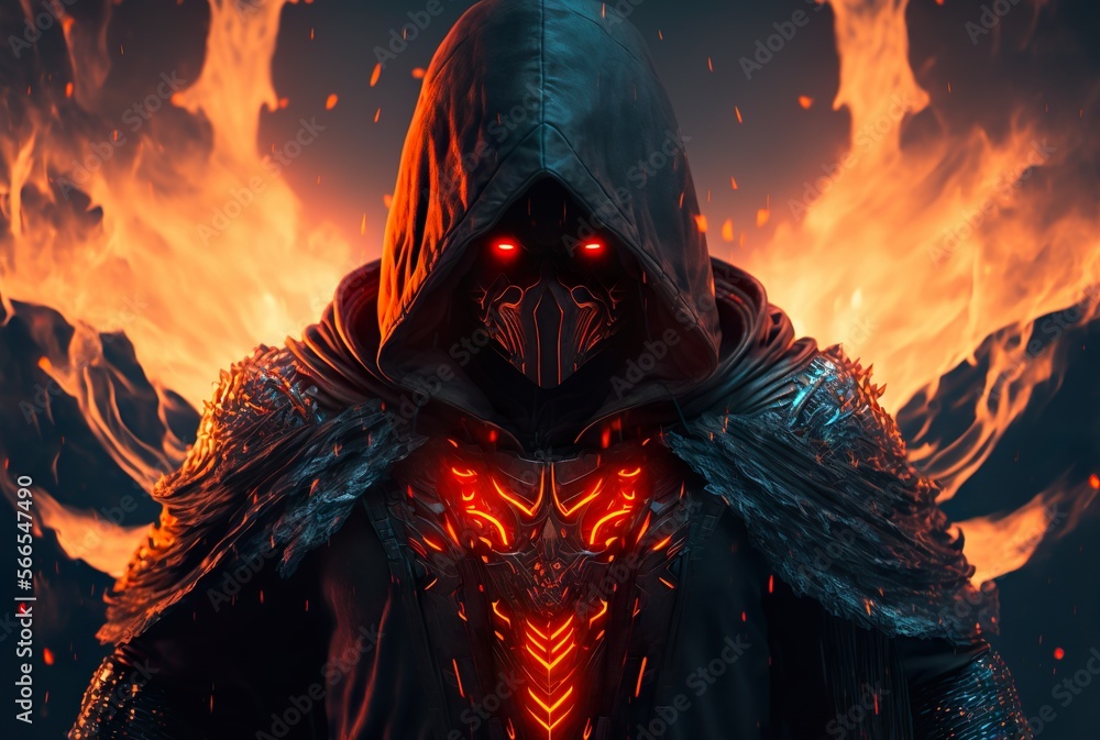 avatar dark archangel in a hood with a fiery sword. generative ai Stock ...