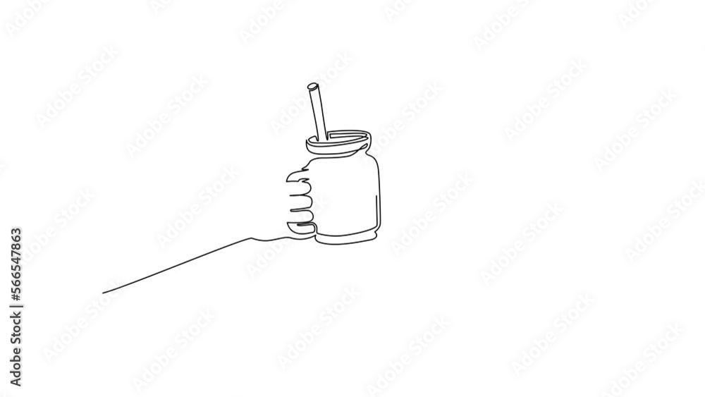 Animated self drawing of continuous line draw hand holding smoothie ...