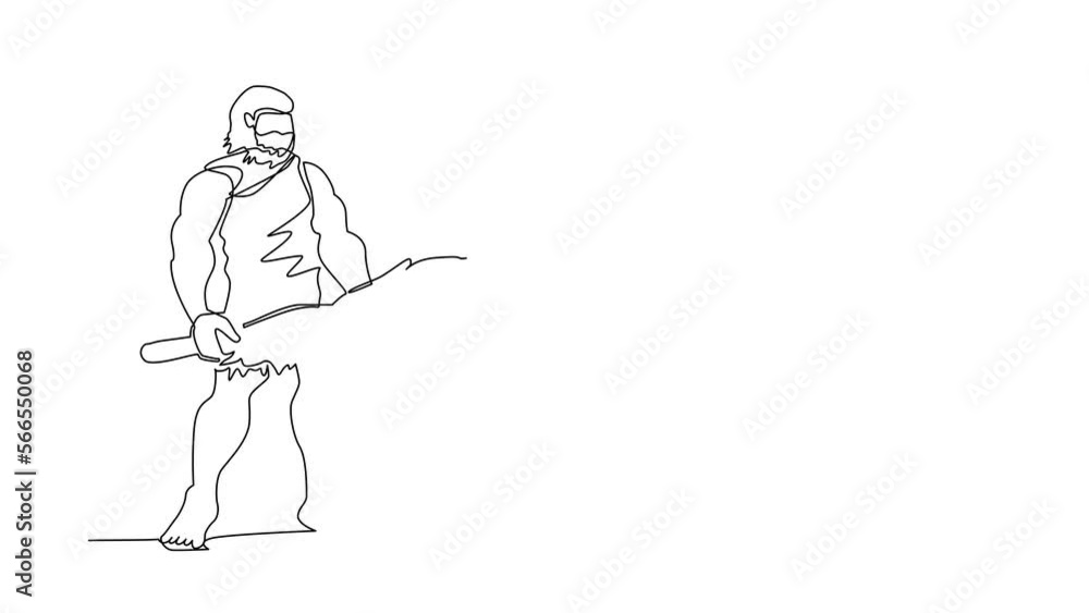 Self drawing animation of single line draw caveman holding big club ...