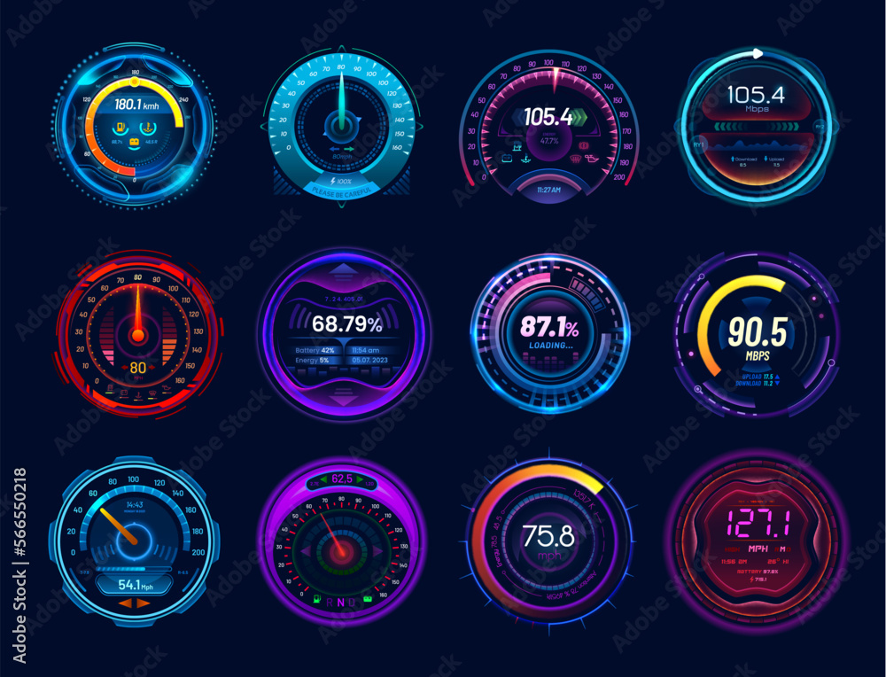 Poster Futuristic car speedometer gauge dials, neon led speed meter ...