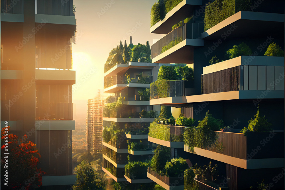 Modern environmental residential city district with green trees and ...