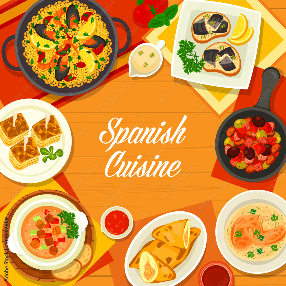 Spanish cuisine menu cover with food dishes and meals, vector tapas of ...