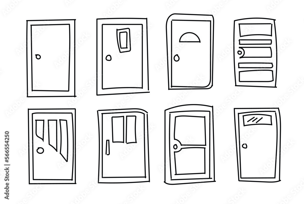 Cartoon set doodle drawing of two open and close wooden decision door ...