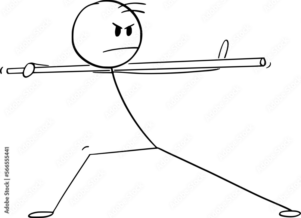 Fighter in Martial Arts or Kung Fu Pose with Staff, Vector Cartoon ...