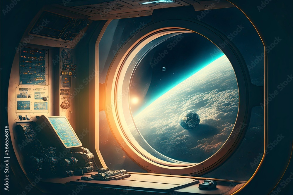 control room of a spaceship with a window to show a planet passing by ...