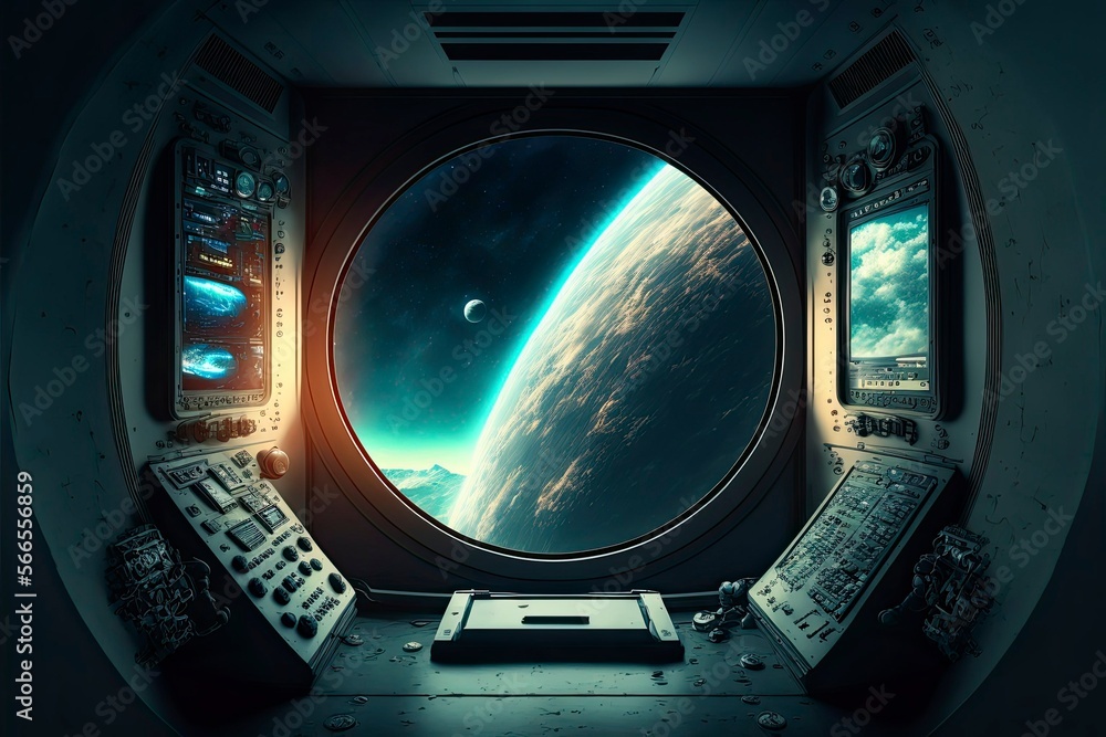 control room of a spaceship with a window to show a planet passing by ...