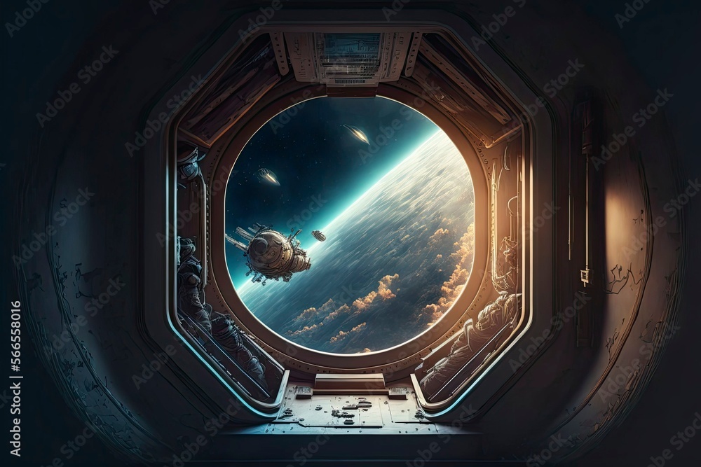 interior of a spaceship, with a view out a dark window to show the ...