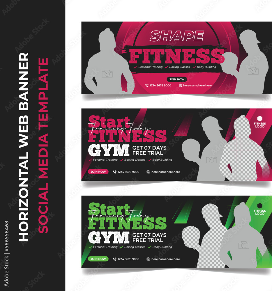 Gym fitness social media promotional horizontal web banner workout ...