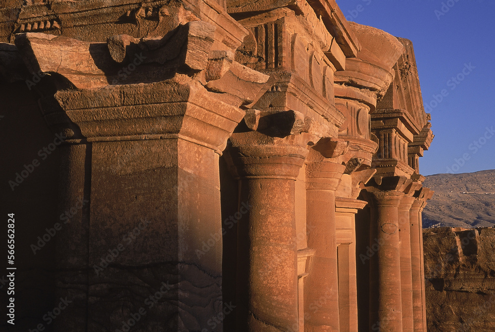 Petra Monastery-- On top of carved tower of the Monastery with Bedouin ...