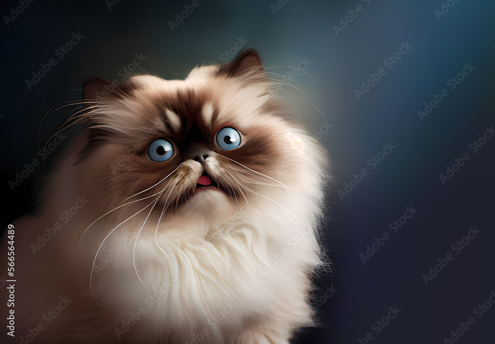 Funny Himalayan cat with big blue eyes on a soft background. It is ...
