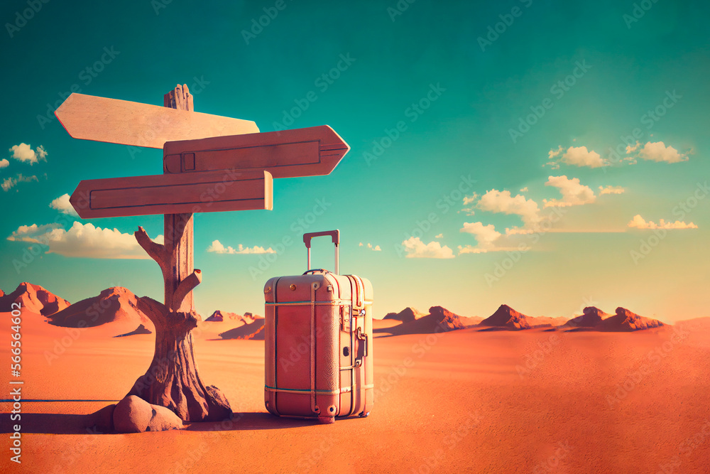 Generative AI illustration of a pink suitcase near signpost on the ...