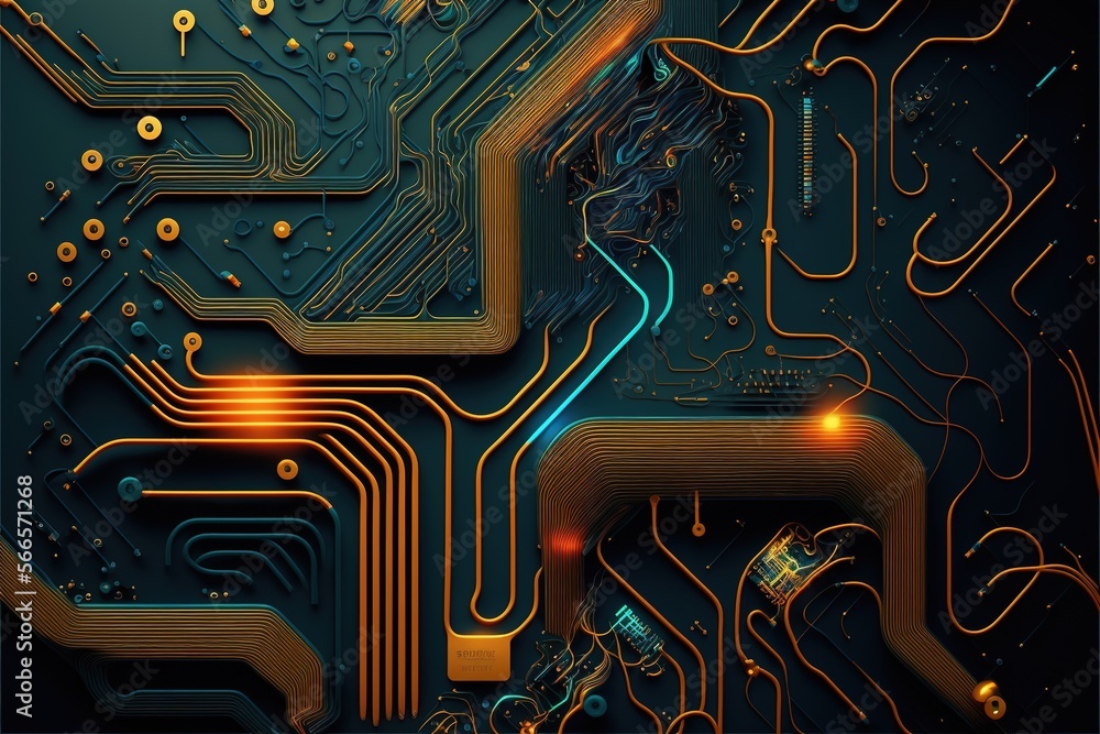 Image of computer circuit board and orange light trails on dark ...