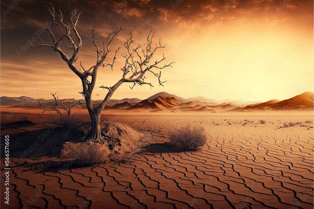 Composition of cracked desert and lonely tree created using generative ...