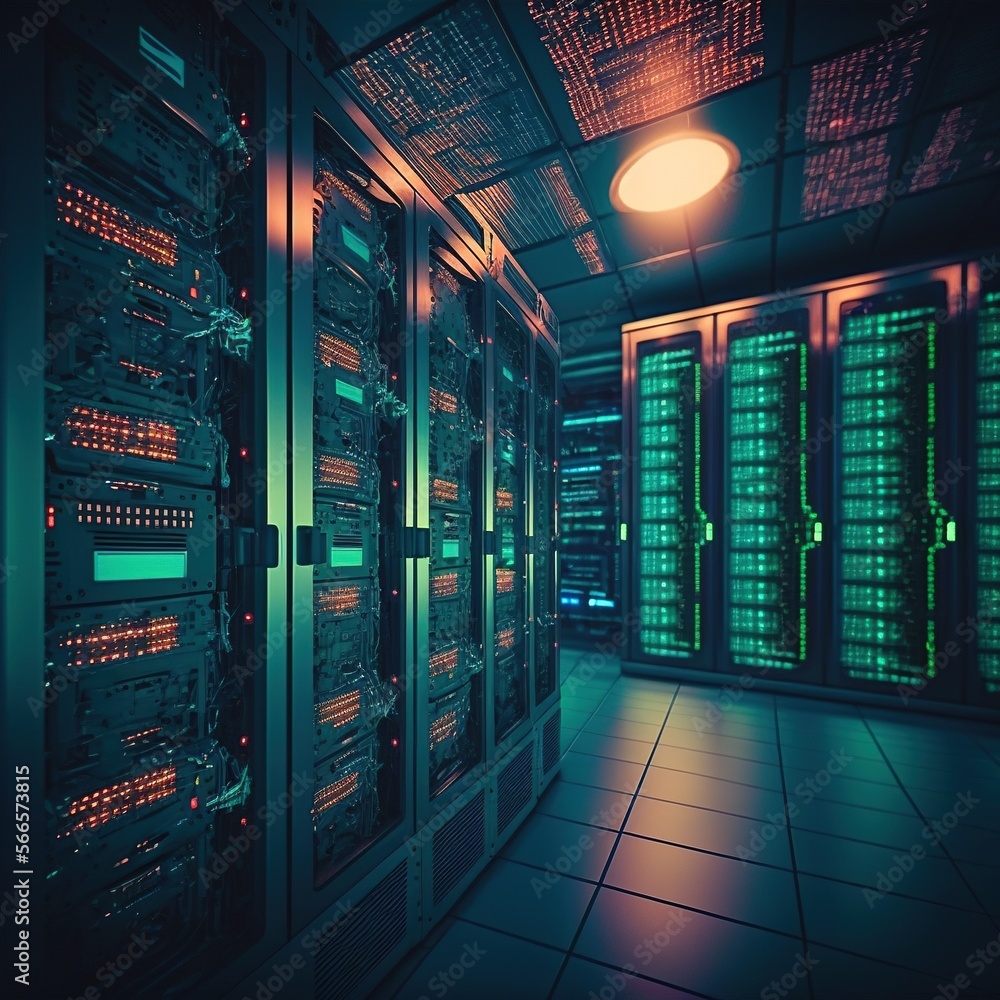 Image of empty server room glowing lights, created using generative ai ...