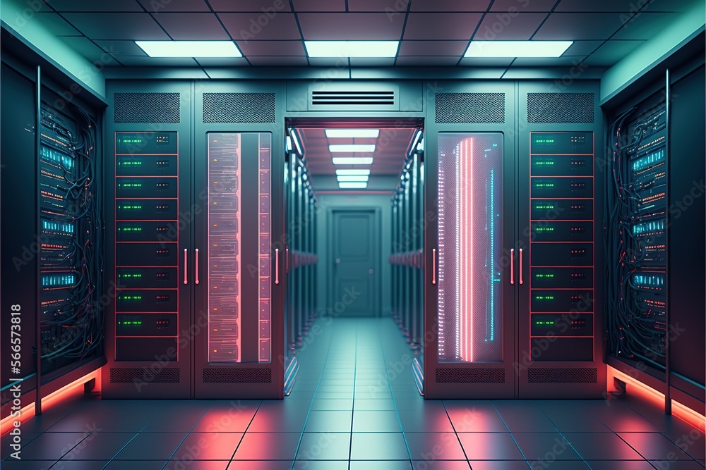 Image of empty server room with glowing lights, created using ...