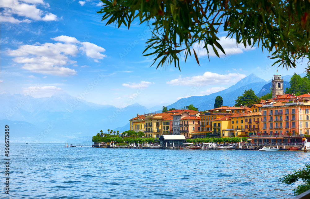 Bellagio village at lake Como, Italy. Panoramic view hill with park and ...