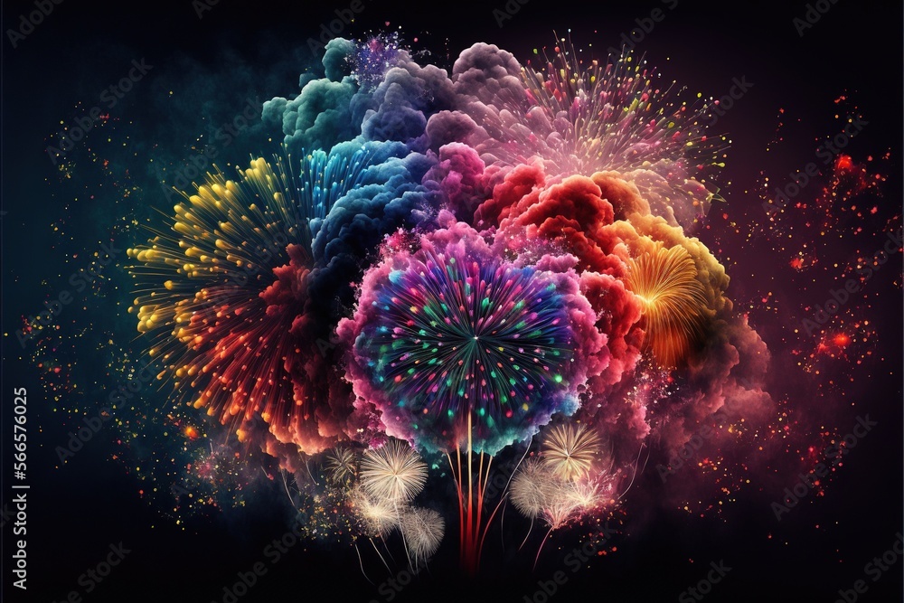Multi coloured fireworks exploding on black background, created using ...