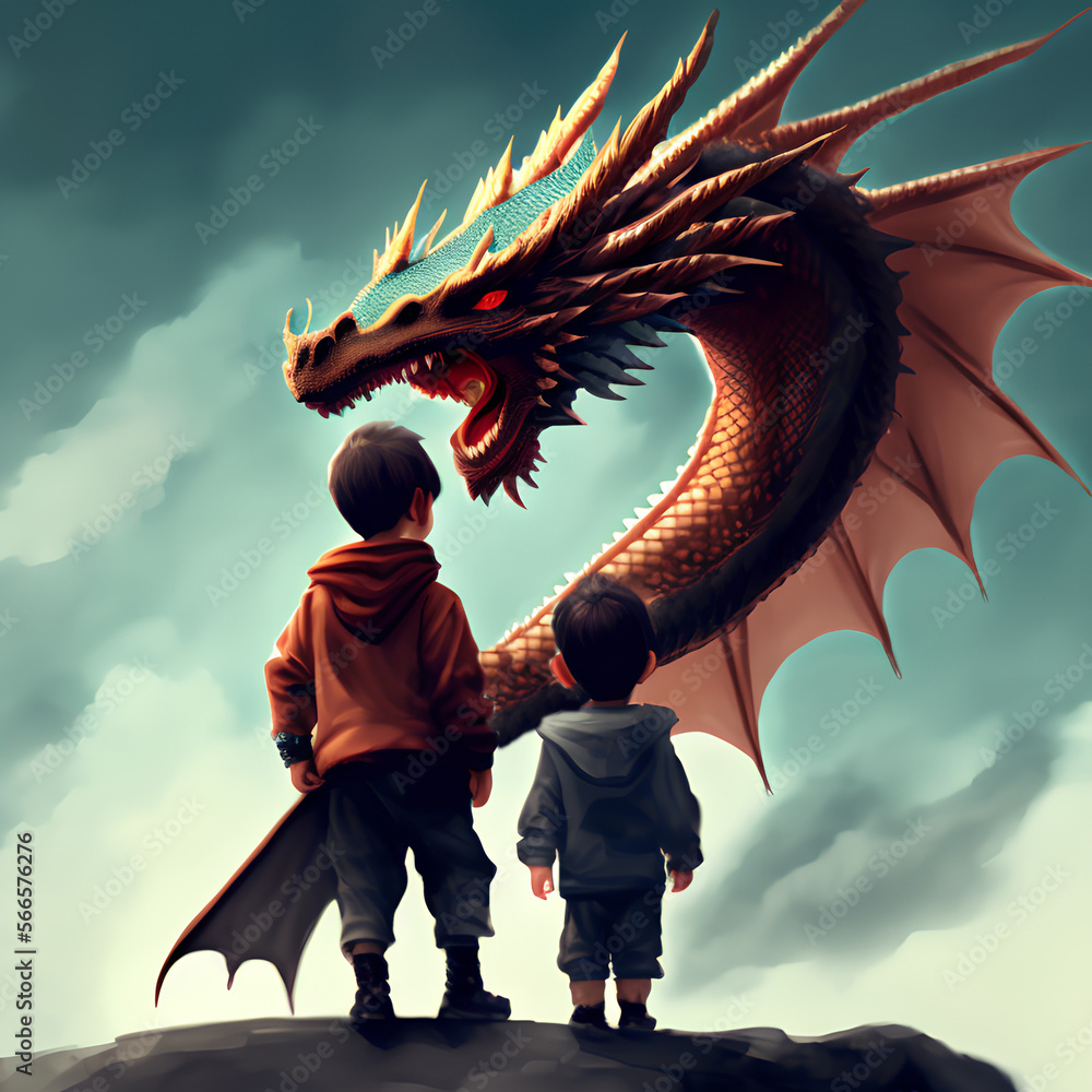 Dragon and Boy, Generative AI Illustration Stock Illustration | Adobe Stock