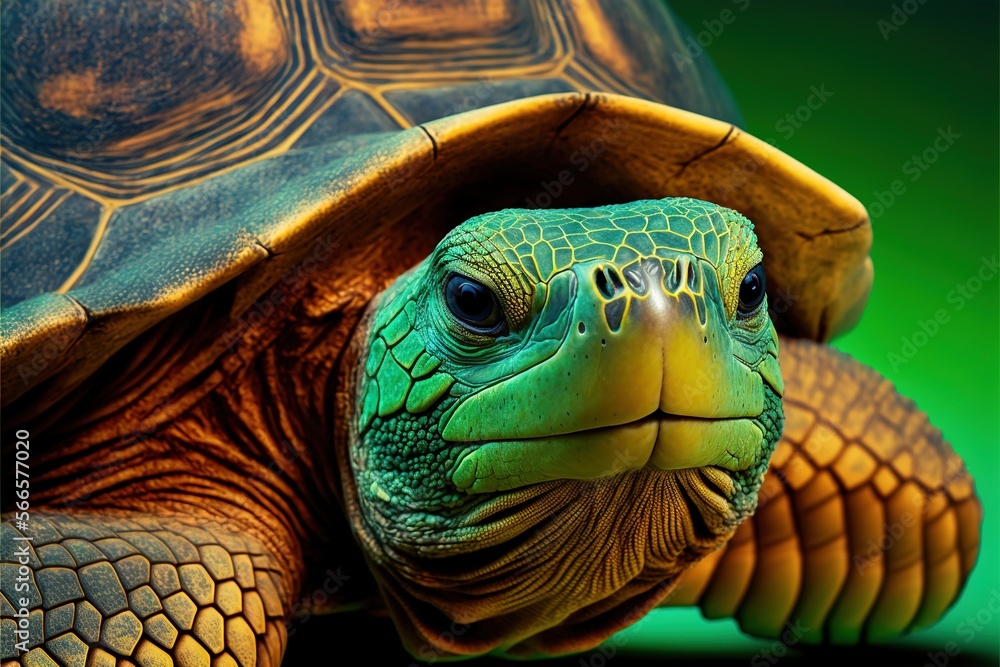 a close up of a turtle on a green background with a blurry image of the ...