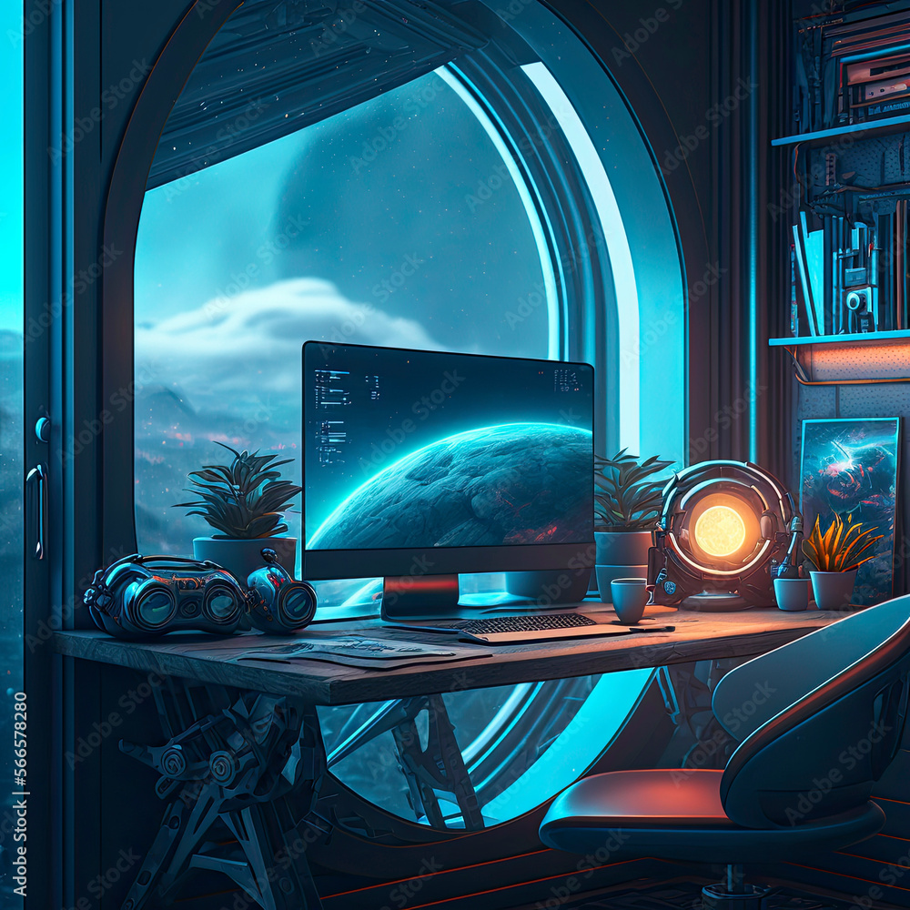 Futuristic home office setup with computer setup and sky window created ...