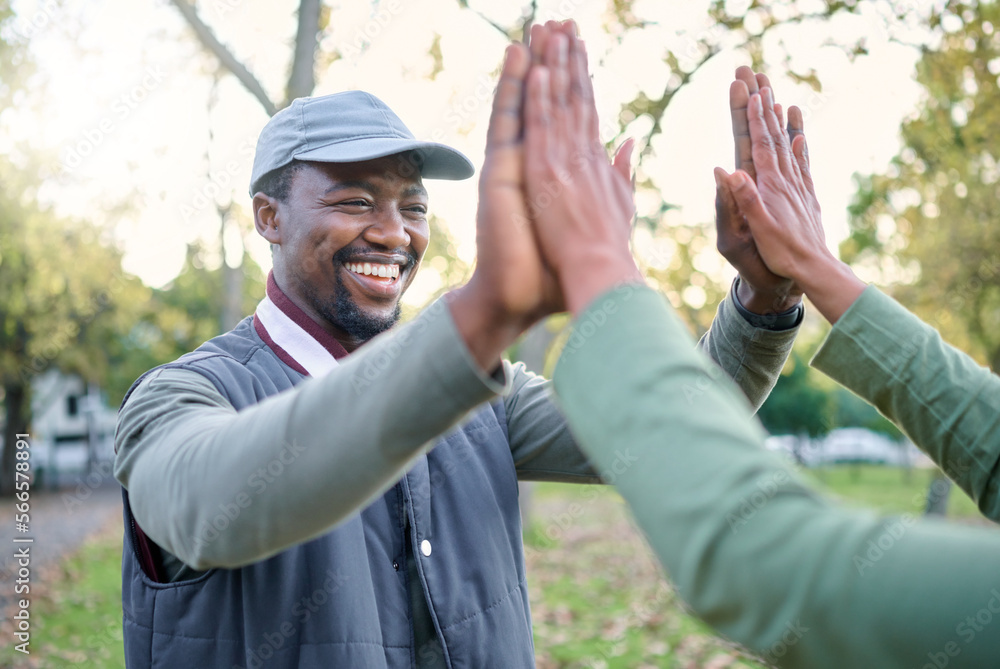 High five, nature volunteer or people celebrate cleaning garbage ...