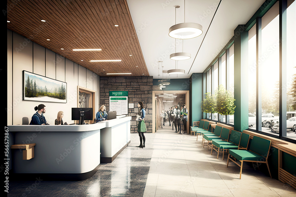 hospital reception from inside of building with waiting area and ...