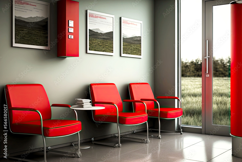 red chairs for documents and folders at hospital reception desk Stock ...