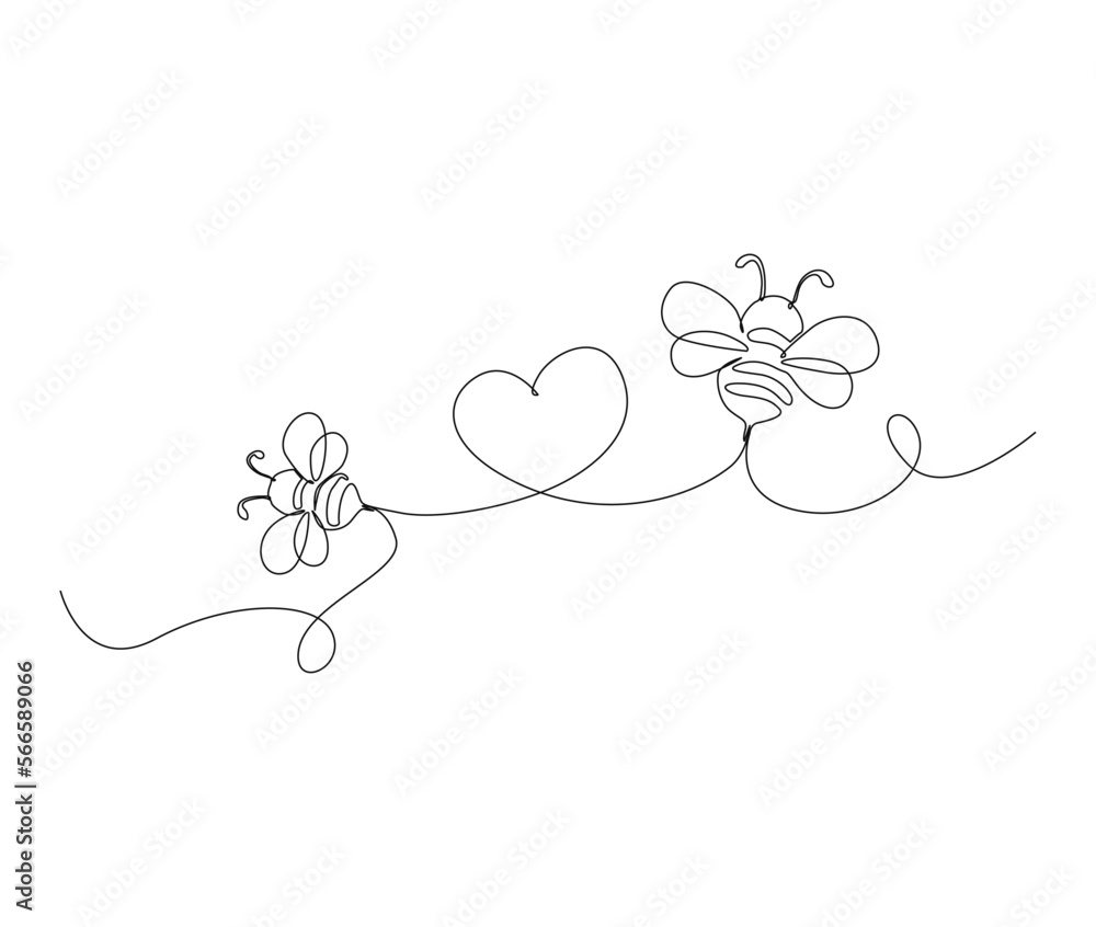Continuous one line drawing of fliying bee shapped love. Simple ...