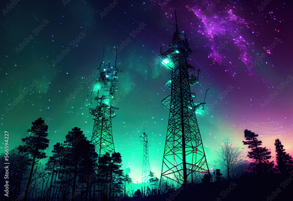 Telecommunication tower with cellular network antennas on night city ...