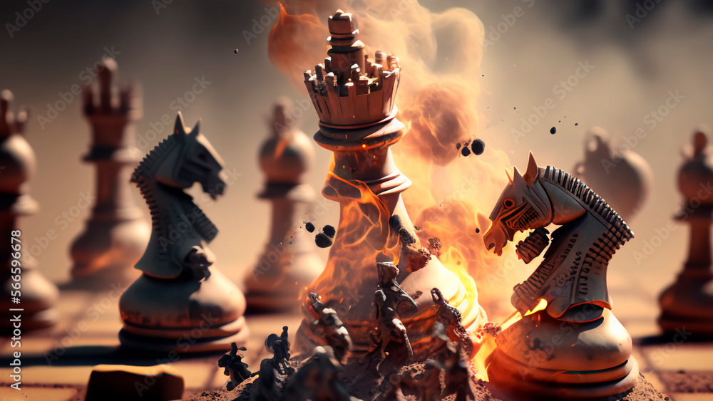 Illustration of chess pieces simulating war on a chessboard. Chess can ...