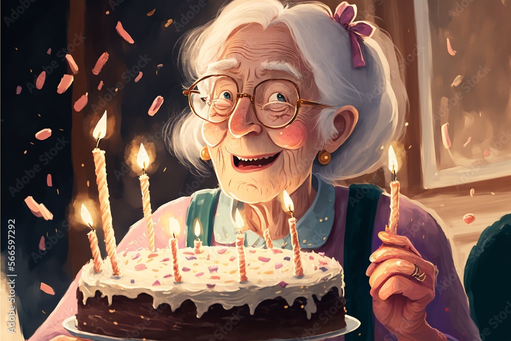 Happy Grandmother Celebrating Birthday Holds Cake With Burning Candles ...