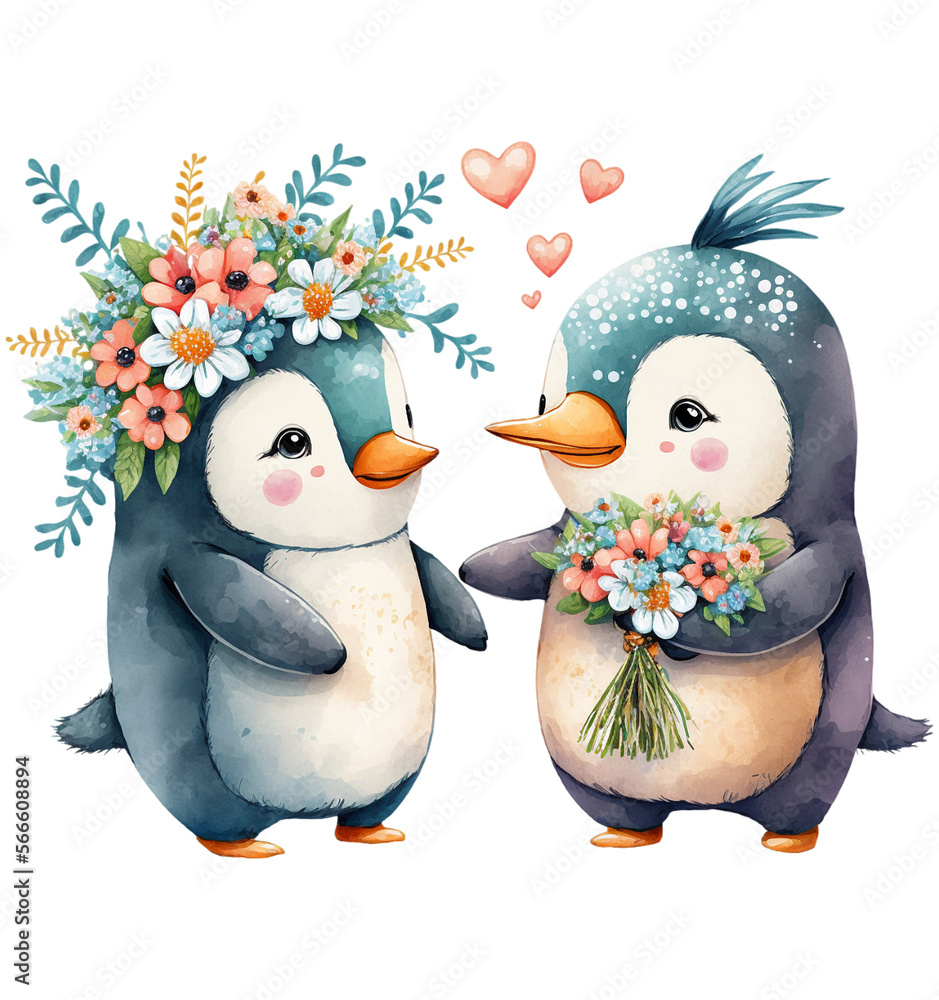 Watercolor clipart with a cute penguin couple isolated on white ...