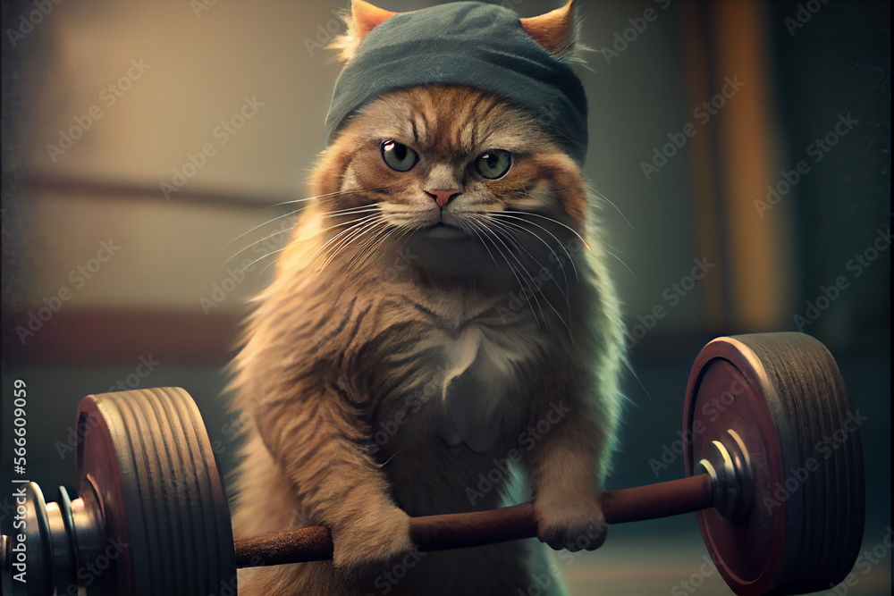 The cat in the gym, lifts the barbell and dumbbells. Stock Illustration ...