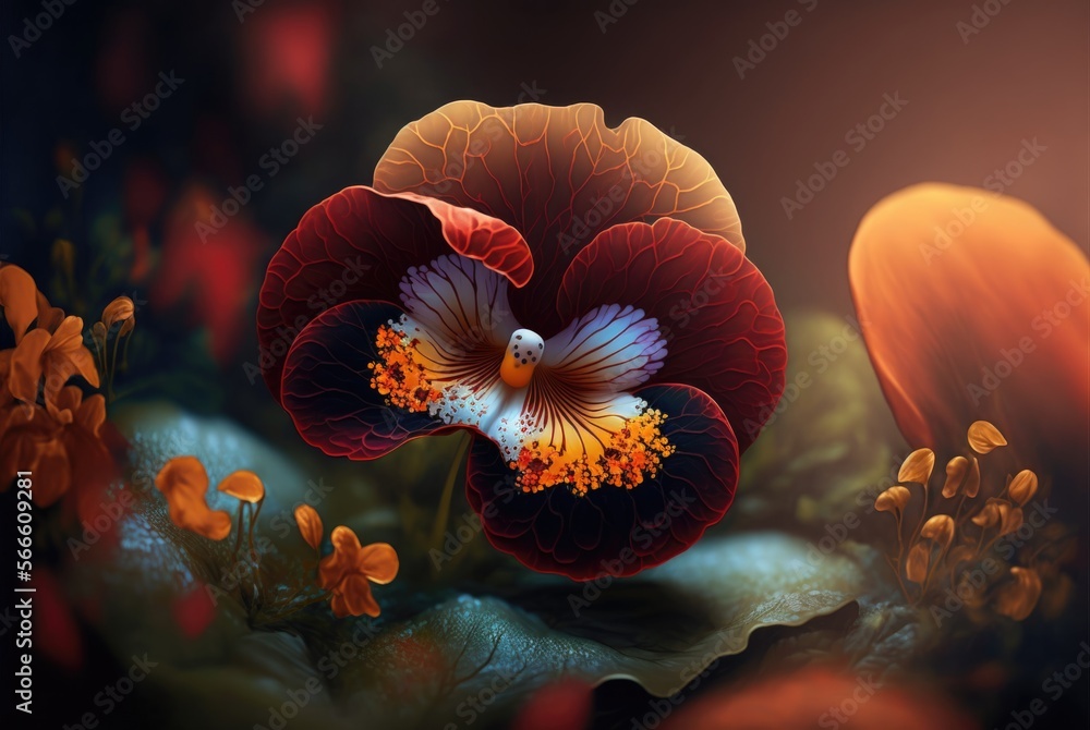 Imaginative and strikingly beautiful vibrant red forest flower in bloom ...