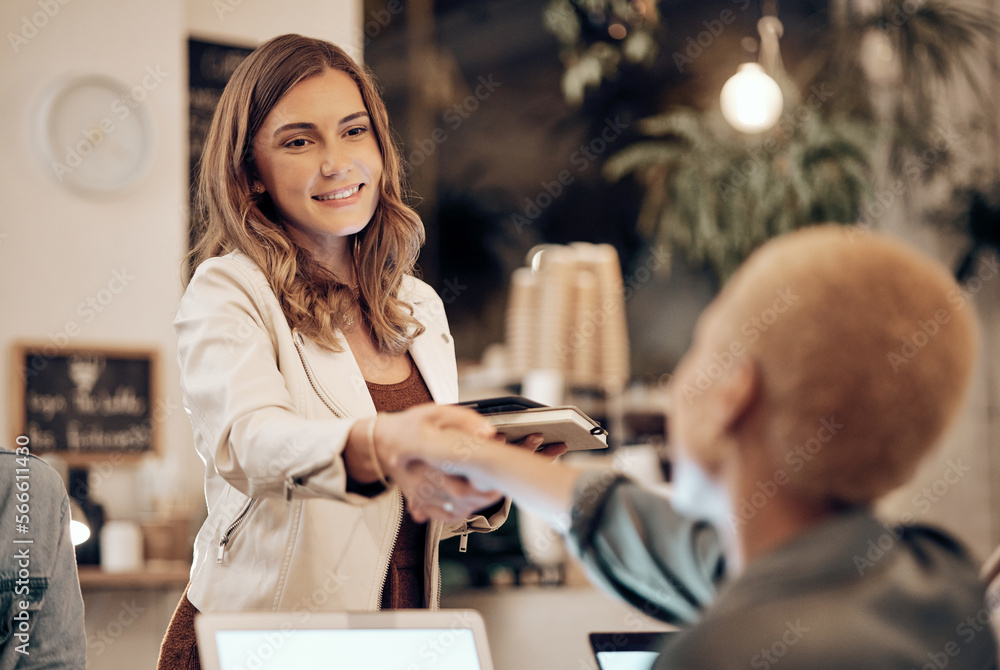 Handshake, coffee shop and service with a woman customer saying thank ...