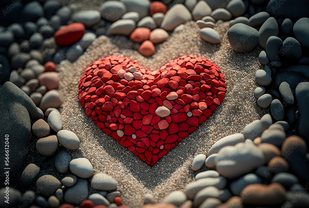 Rotes Herz am Strand im Sand mit roten Steinen. Herz der Liebe ...