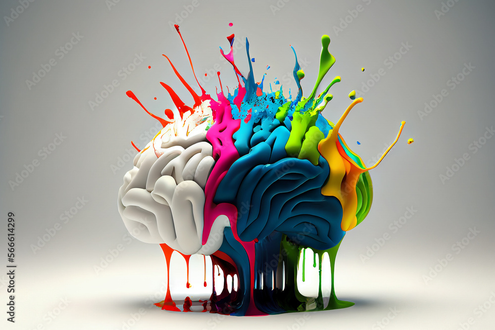 Brain with splash 3d paint poster modern background. Liquid forms ...