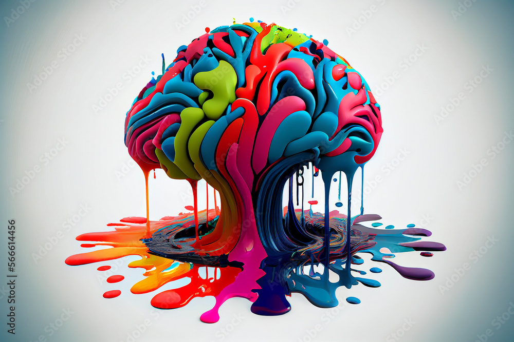 Brain with splash 3d paint poster modern background. Liquid forms ...