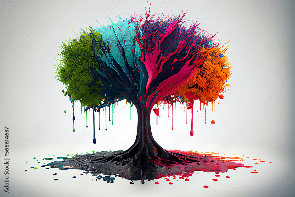 Tree and nature splash paint 3d poster modern background. Liquid forms ...