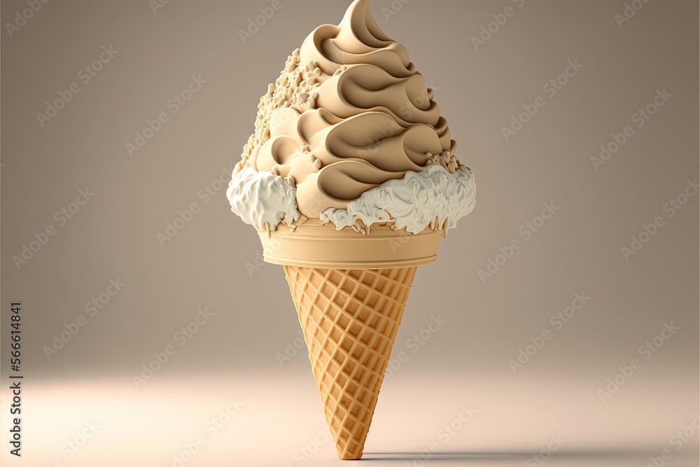 an ice cream cone with a scoop of ice cream on top of it, on a beige ...