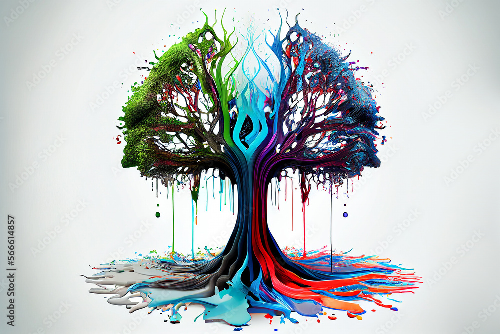 Tree and nature splash paint 3d poster modern background. Liquid forms ...