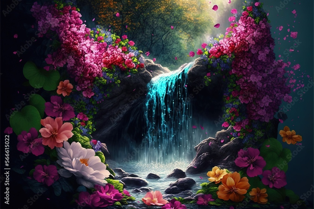 a painting of a waterfall surrounded by flowers and butterflies in the ...